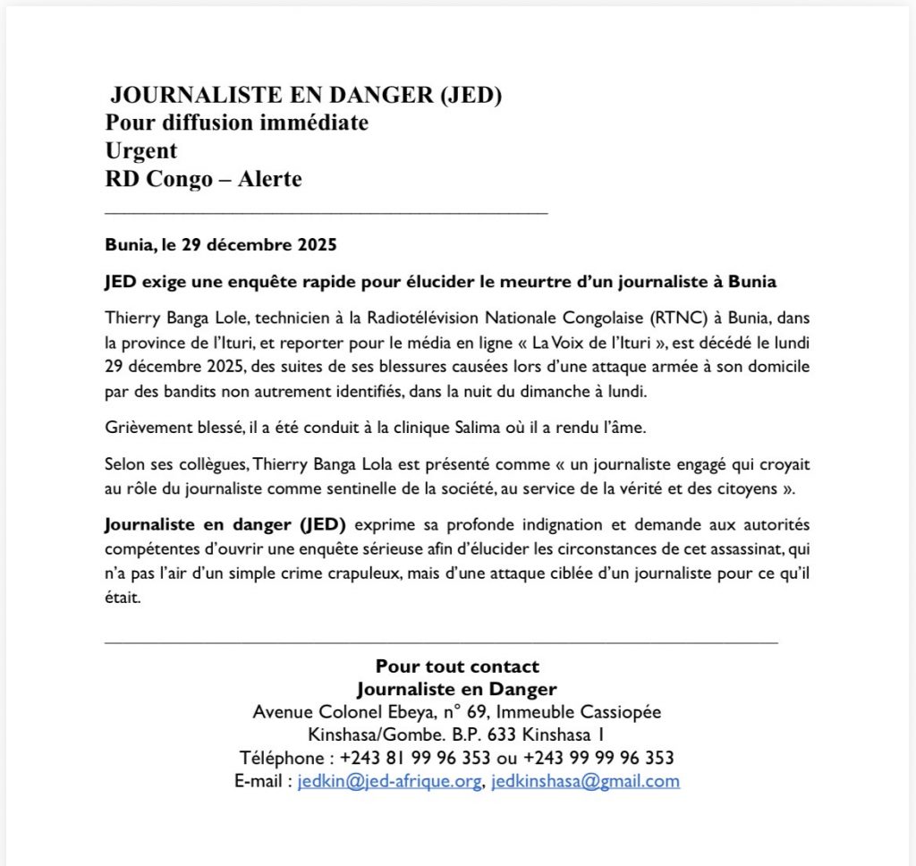 Bunia : JED exige une enquête urgente après l’assassinat d’un ...